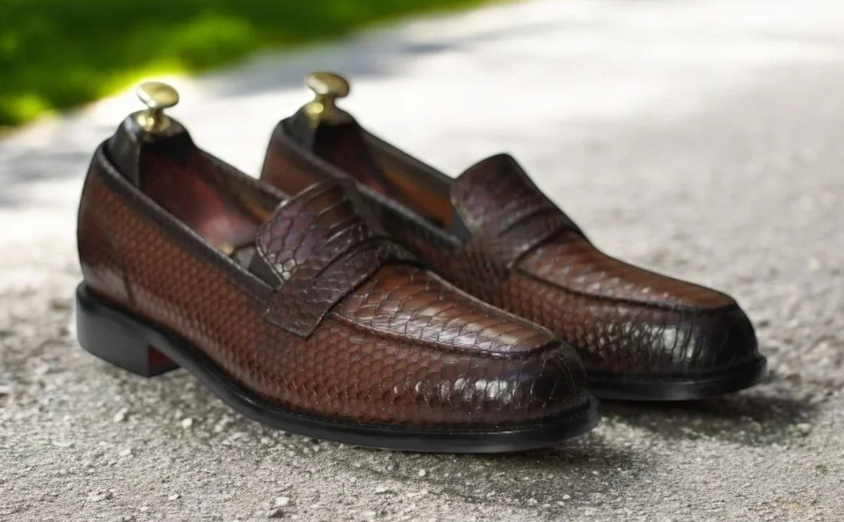 Handmade Men’s Python Leather Texture Brown Tuxedo Loafer Shoes ...